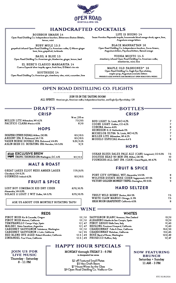 Menu - Open Road Distillery